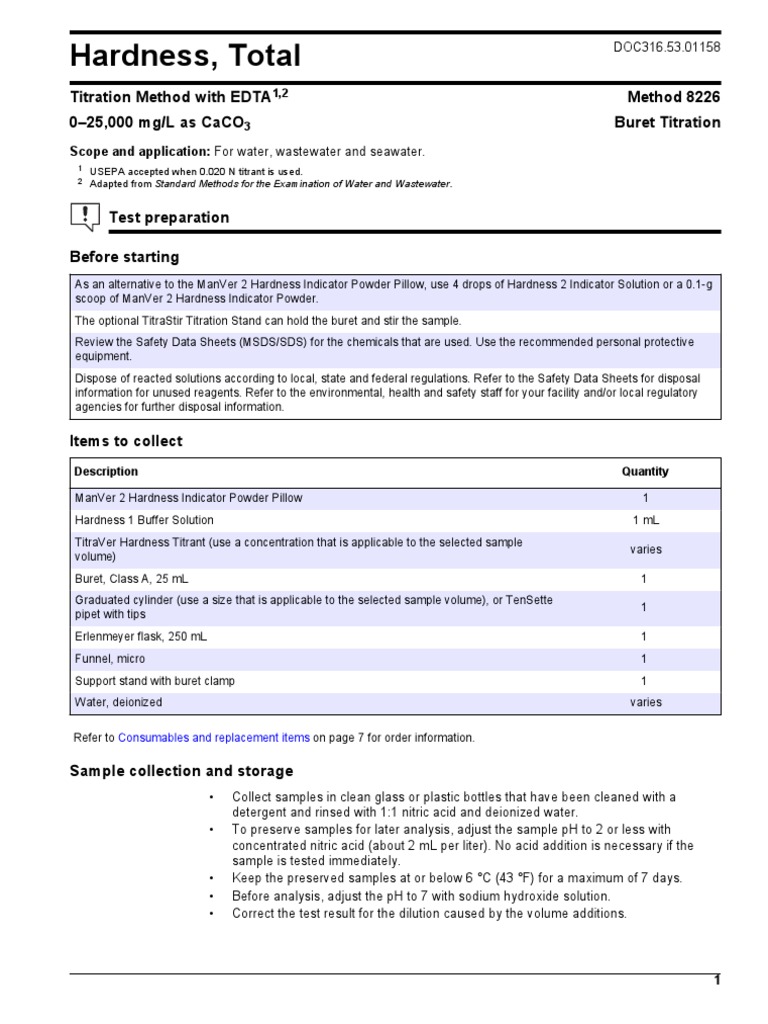 Hardness, Total: Titration Method With Edta Method 8226 0-25,000 MG/L As Caco Buret Titration ...
