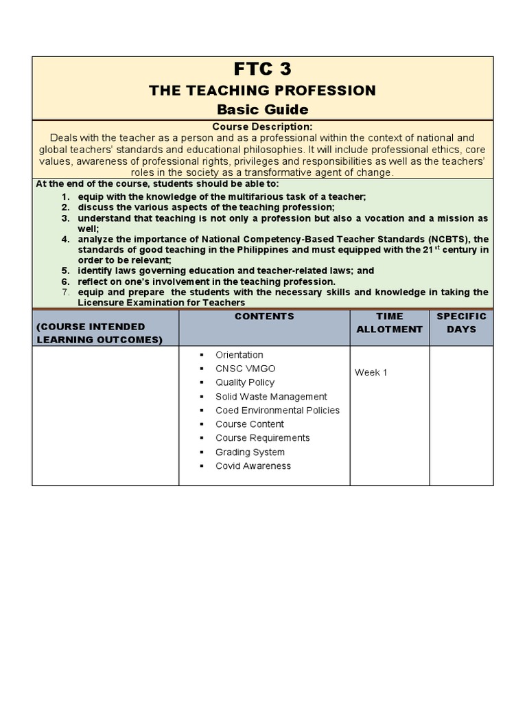 The Teaching Profession Basic Guide: Course Description | PDF ...