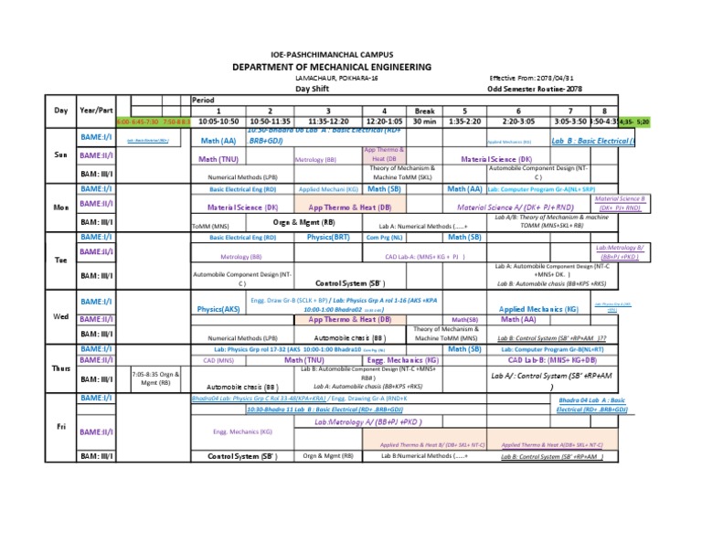 IOE-Pashchimanchal Campus Mechanical Engineering Timetable | PDF ...