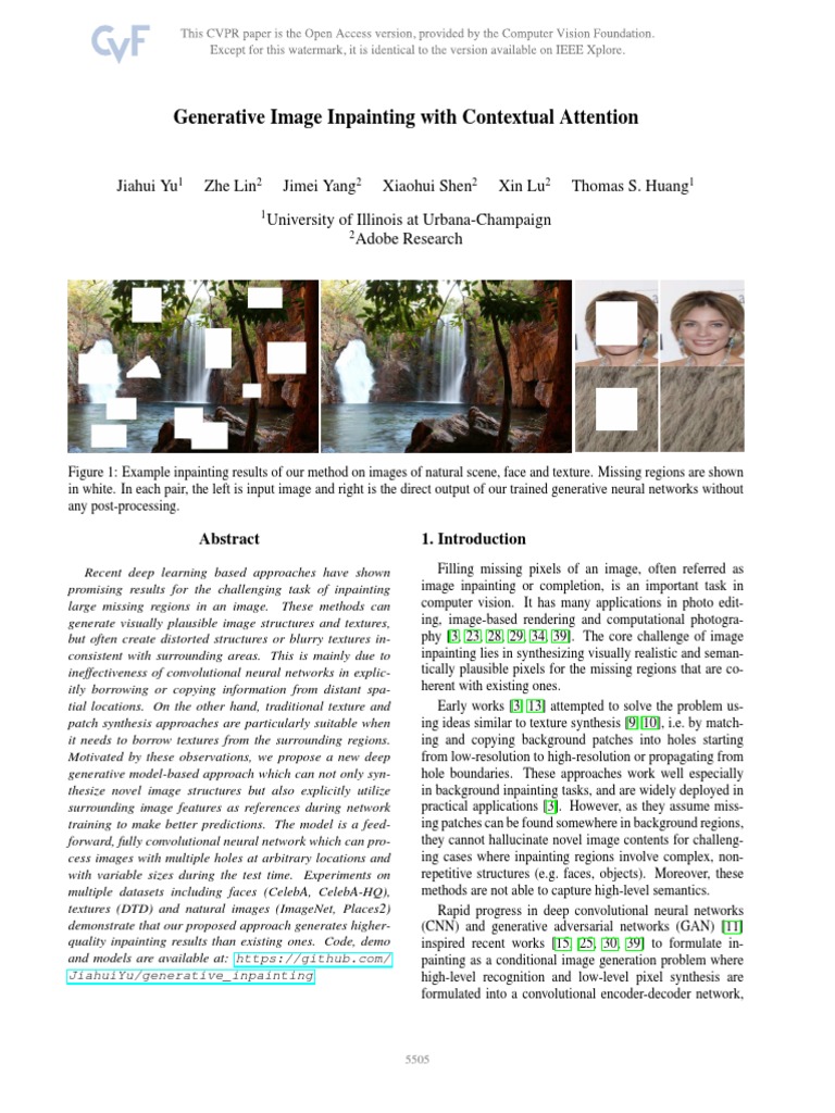 Yu Generative Image Inpainting CVPR 2018 Paper | PDF | Attention | Deep Learning