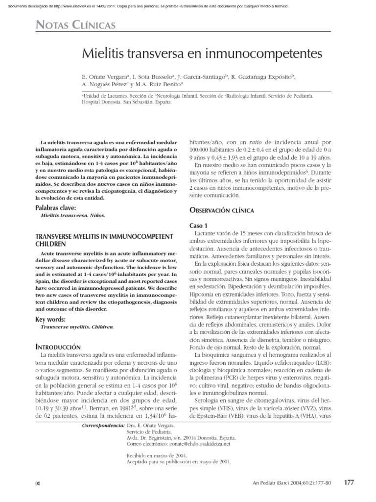 mielitis transversa aguda | Epidemiología | Especialidades Medicas