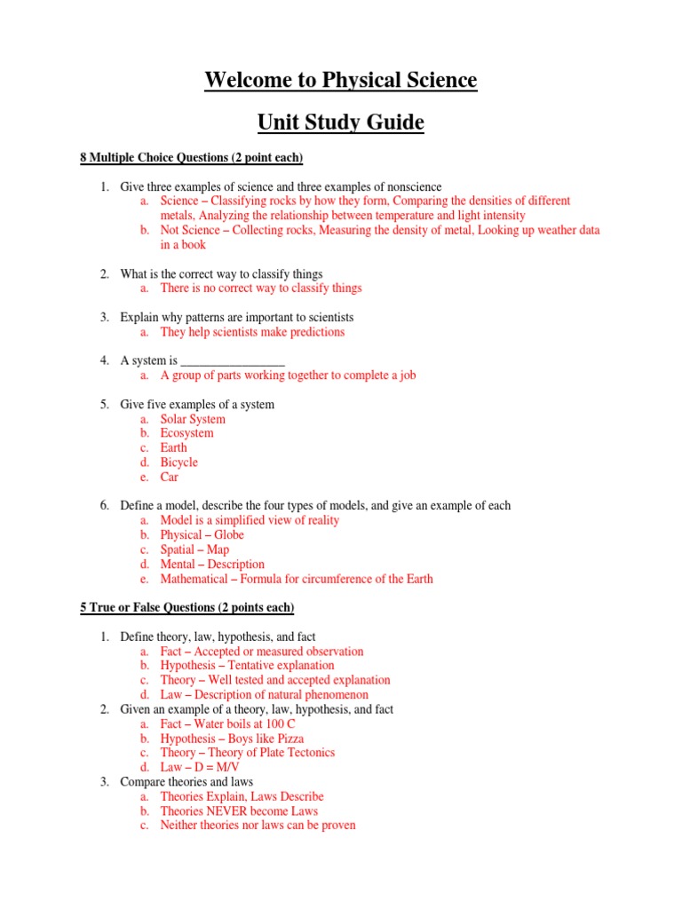 Unit Study Guide Answers - Welcome To Physical Science | PDF | Theory ...