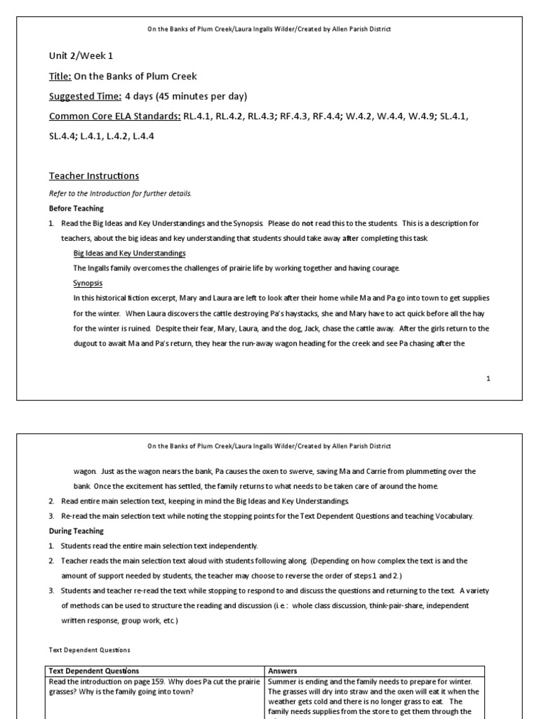 4.on The Banks of Plum Creek - Lesson - Basal | PDF