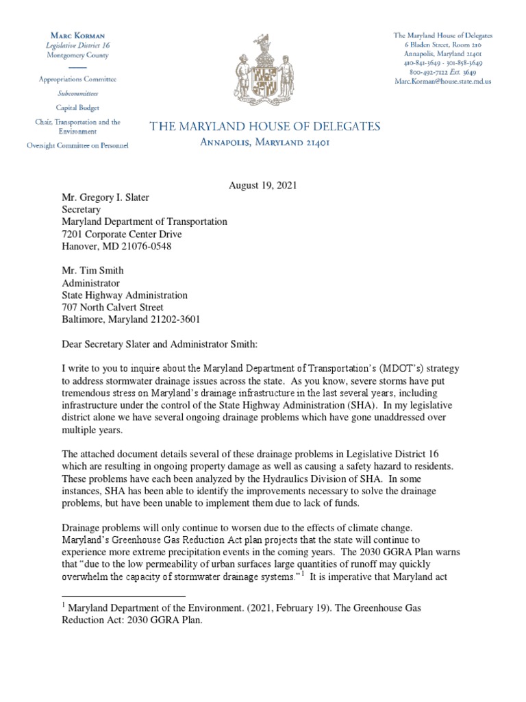 Delegate Korman Drainage Letter To MDOT SHA | PDF | Flood | Stormwater