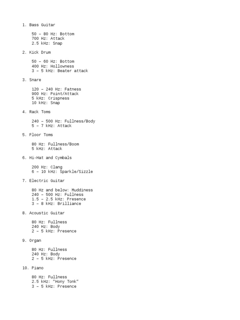 EQ Cheat Sheet - Every Instrument | PDF | Piano | Guitars