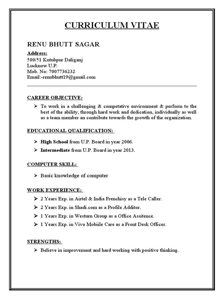 Renu Bhutt Sagar CV and Career Profile | PDF