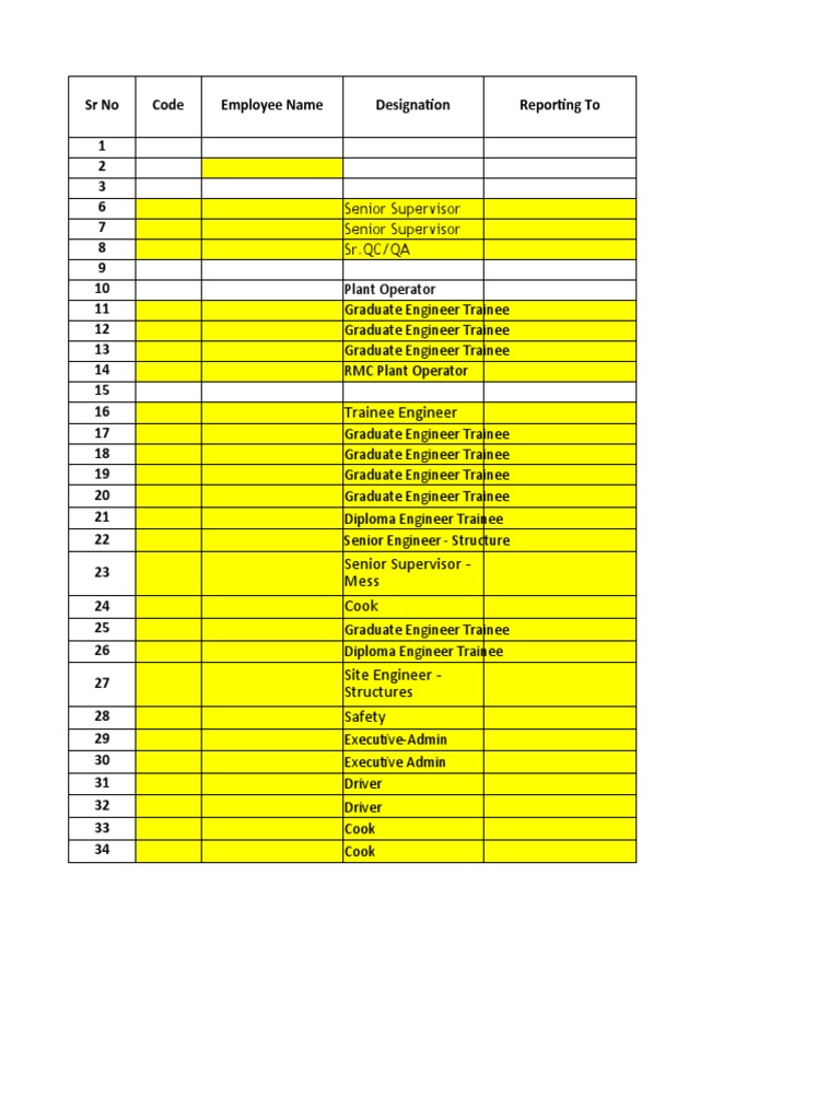 SR No Code Employee Name Designation Reporting To 1 2 3 6 7 8 9 10 11 12 13 14 15 16 17 18 19 20 ...