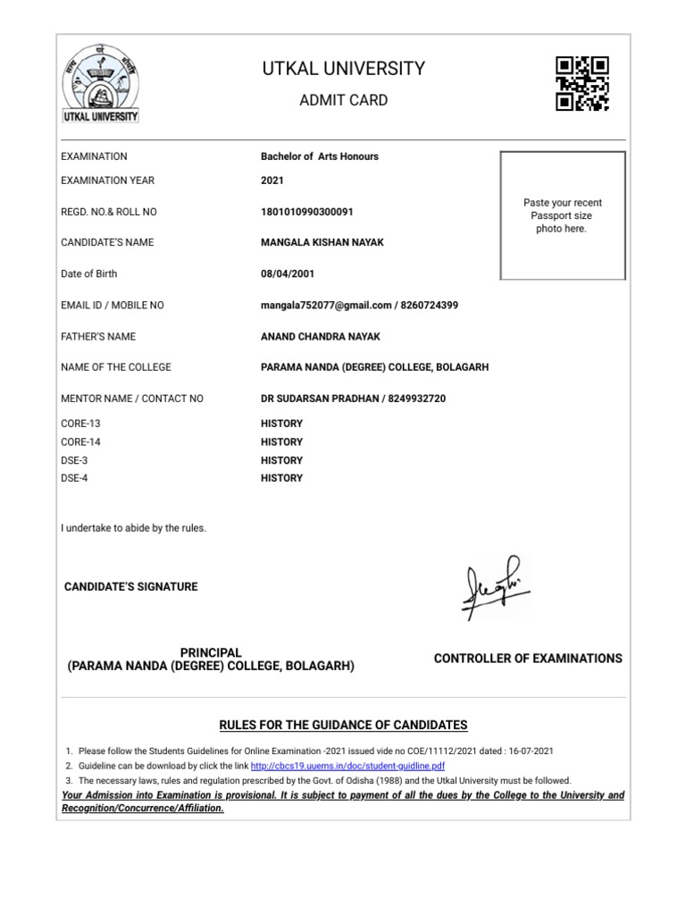 Utkal University: Admit Card | PDF