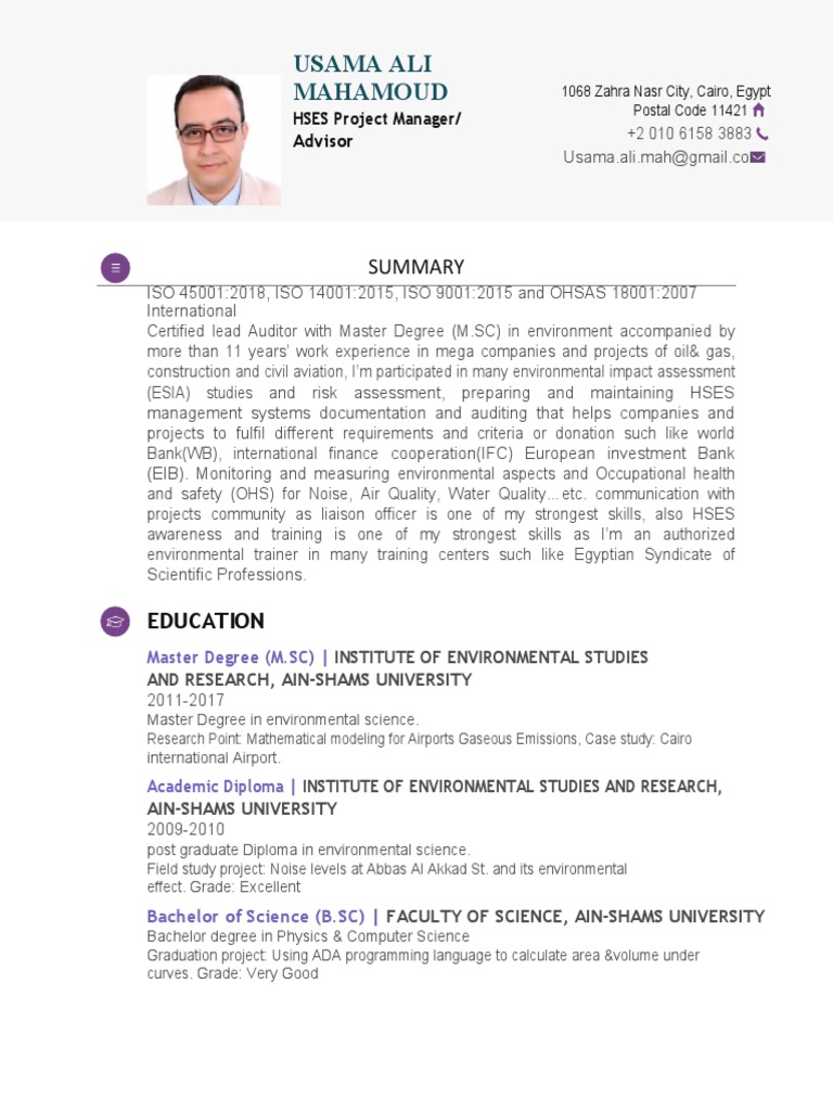 2019.05 Usama Ali-HSE CV | PDF | Occupational Safety And Health | Audit