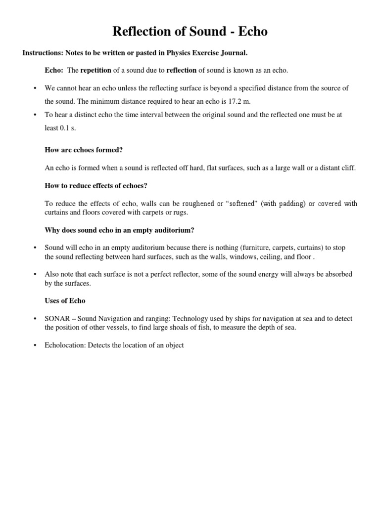 Notes - Echo - Reflection of Sound | PDF | Sound | Sonar