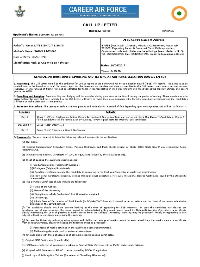 Call Up Letter: Roll No.: Applicant's Name | PDF | Identity Document ...