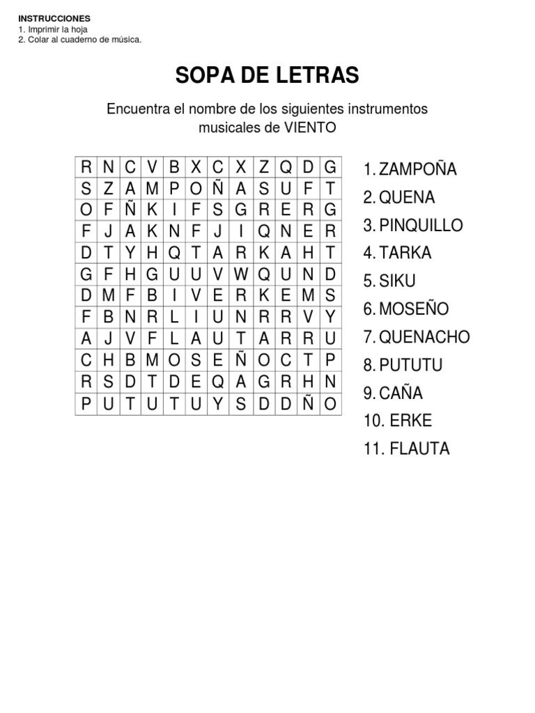 Sopa de Letras Instrumentos de Viento | PDF