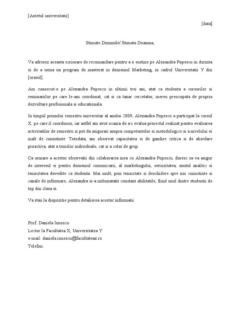Model Scrisoare de Recomandare Pentru Masterat Din Partea Profesorului ...