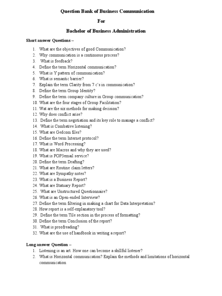 Question Bank of Business Communication | PDF | Communication ...