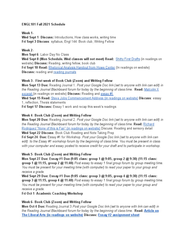 ENGL101 Fall 2021 Course Schedule | PDF | Essays | Communication
