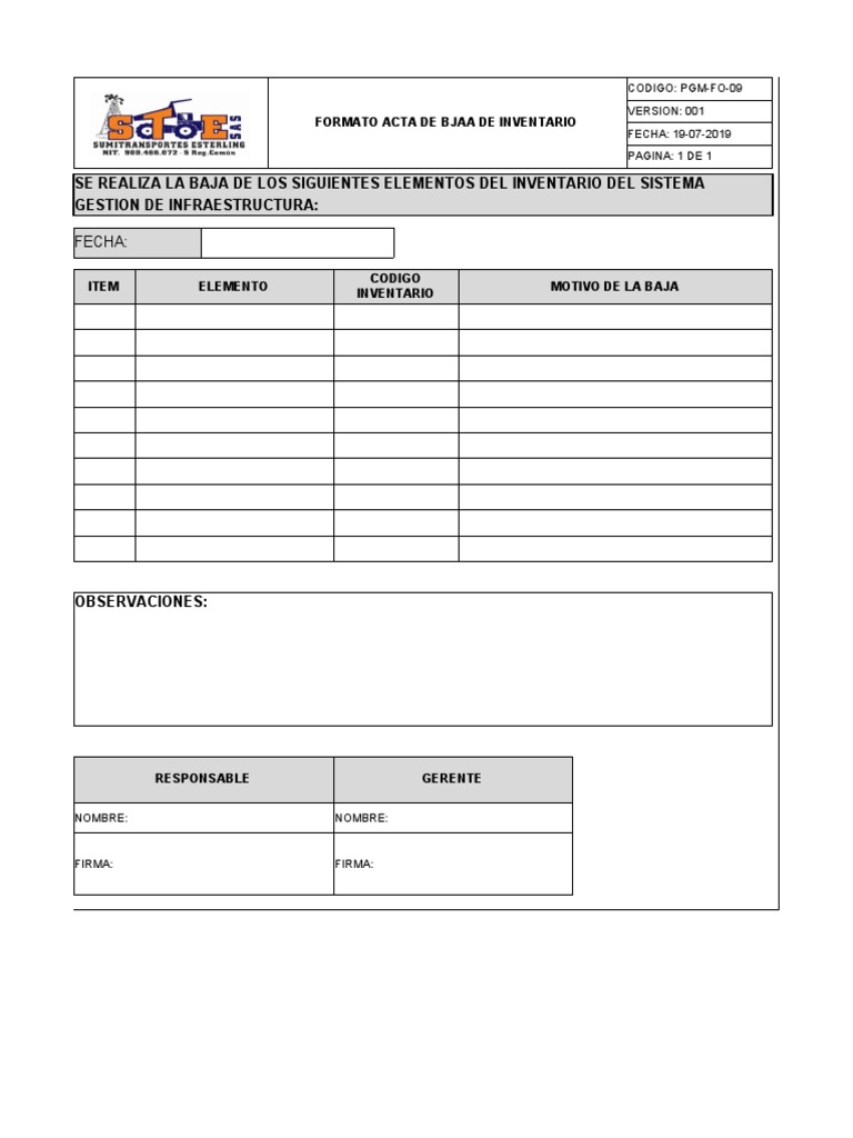 PGM-FO-09 Acta de Baja Inventario | PDF