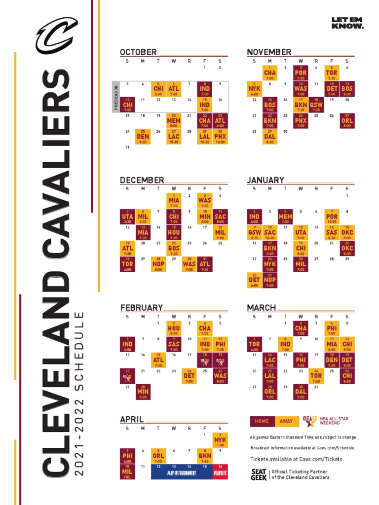 2021-22 Cleveland Cavaliers Printable Schedule | PDF | National ...