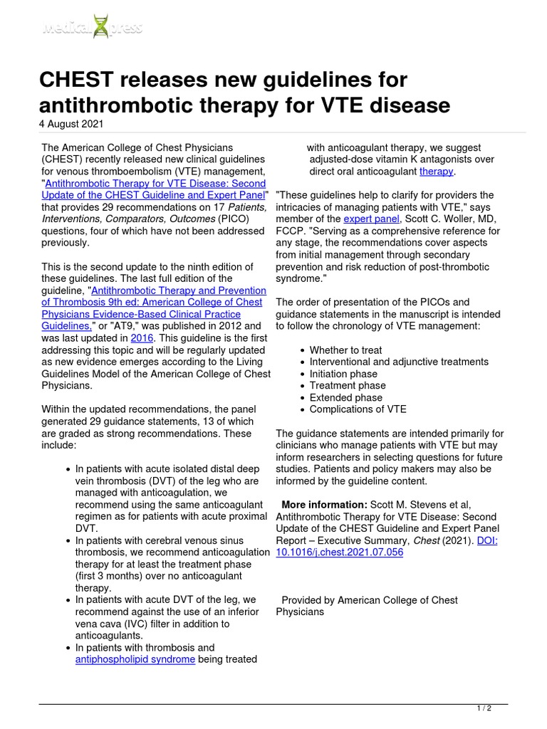 CHEST Releases New Guidelines For Antithrombotic Therapy For VTE ...