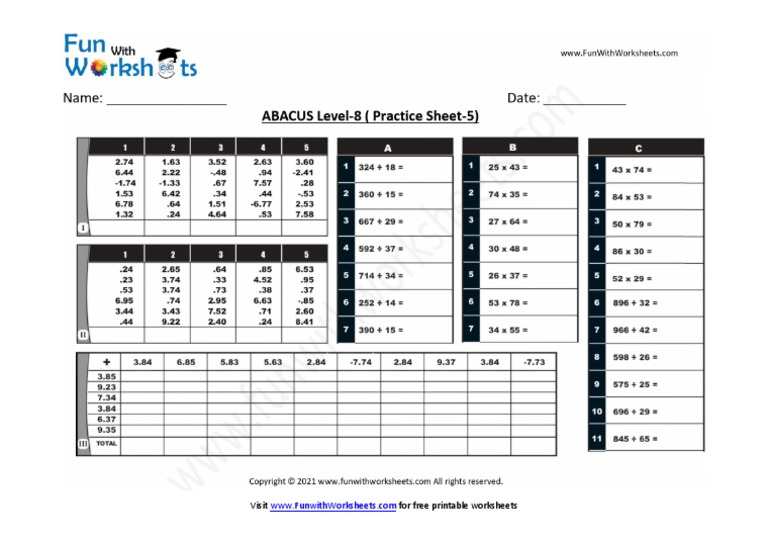 ABACUS Level 8 Practice Sheet 5 | PDF