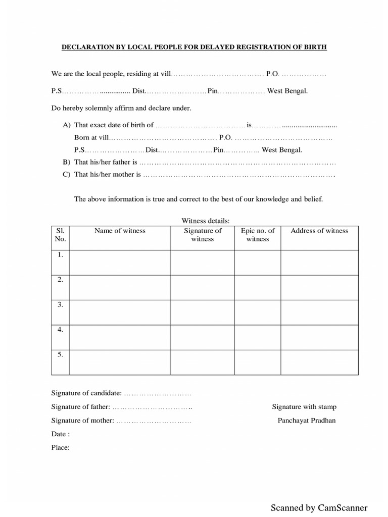 Declaration by Local People For Delayed Registration of Birth | PDF