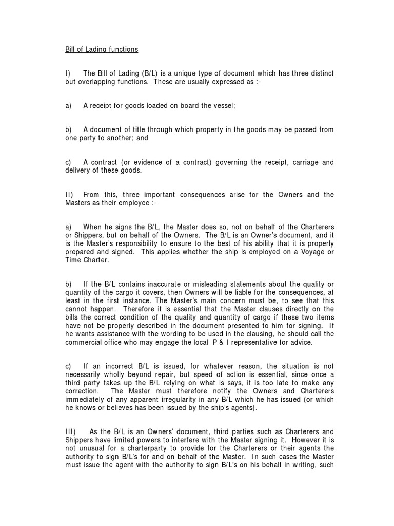 Bill of Lading Functions | PDF | Bill Of Lading | Cargo