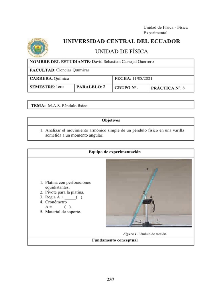 Practica 8 - Informe Péndulo Elástico - David Carvajal | PDF | Física ...