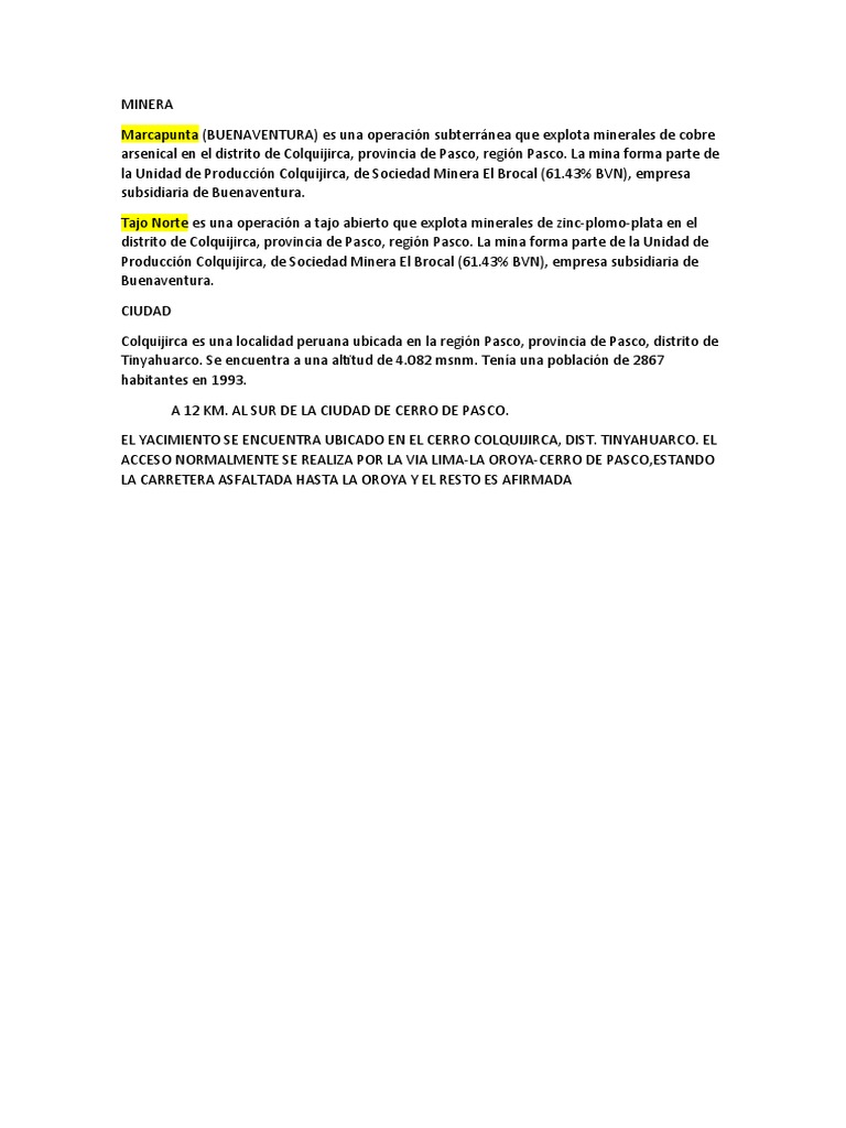 Minería y Geografía de Colquijirca | PDF