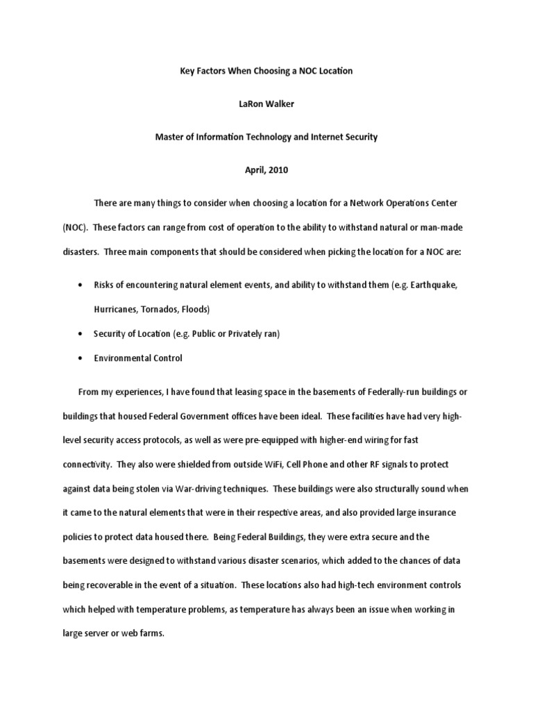 LaRon Walker - Choosing A NOC Location | PDF | Wi Fi | Computing