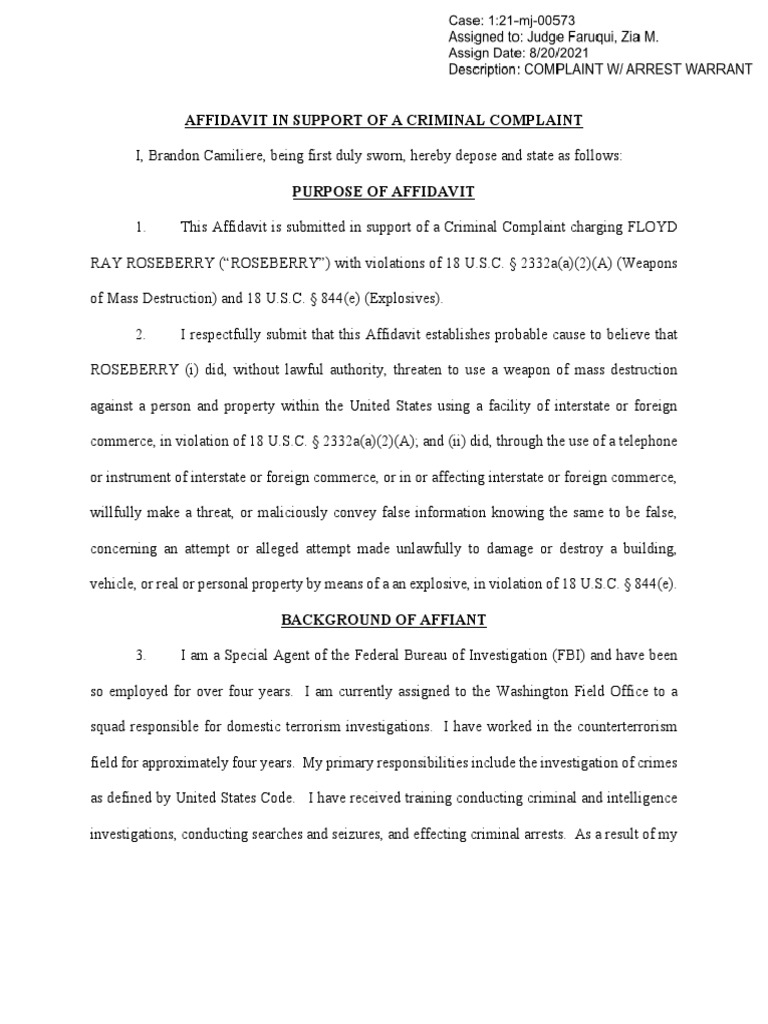 Federal Criminal Affidavit Against Floyd Ray Roseberry | PDF ...