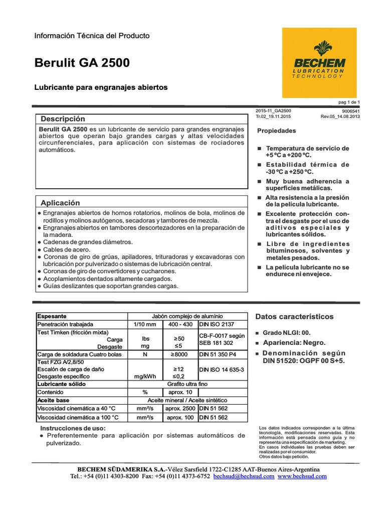 PDS Bechem Berulit GA 2500 (Es) | PDF | Lubricante | Engranaje