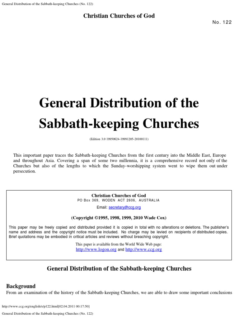 General Distribution of The Sabbath-Keeping Churches (No. 122) | PDF ...