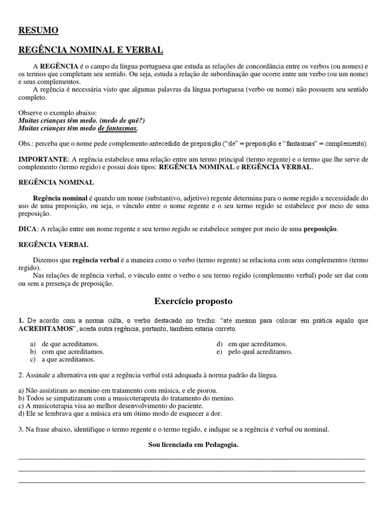 Resumo - Atividade Regência Nominal e Verbal | PDF | Preposição e ...