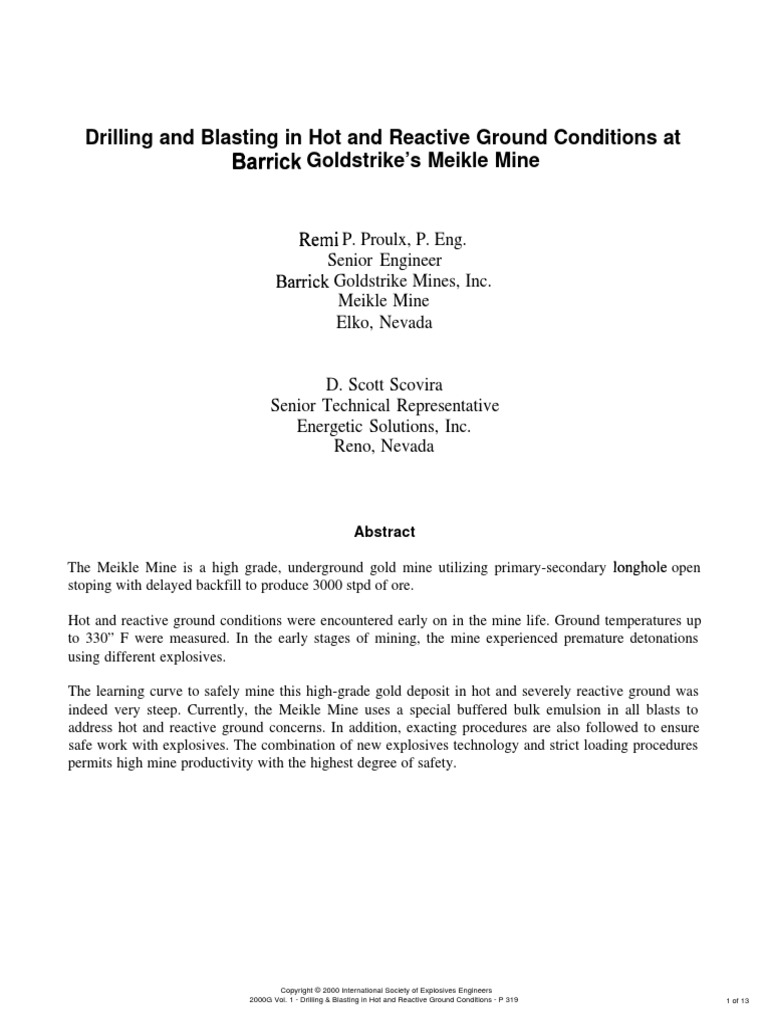 Drilling and Blasting in Hot and Reactive Ground Conditions at Barrick ...