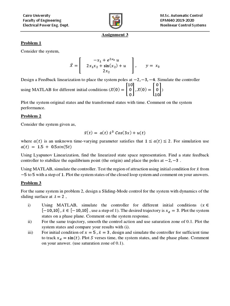 Nonlinear (Design) Assignment | PDF | Control Theory | Electrical Engineering