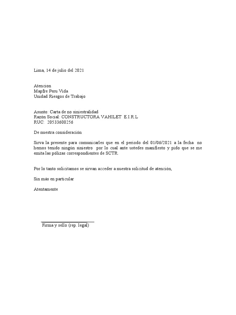 Carta de No Siniestralidad (3989) | PDF