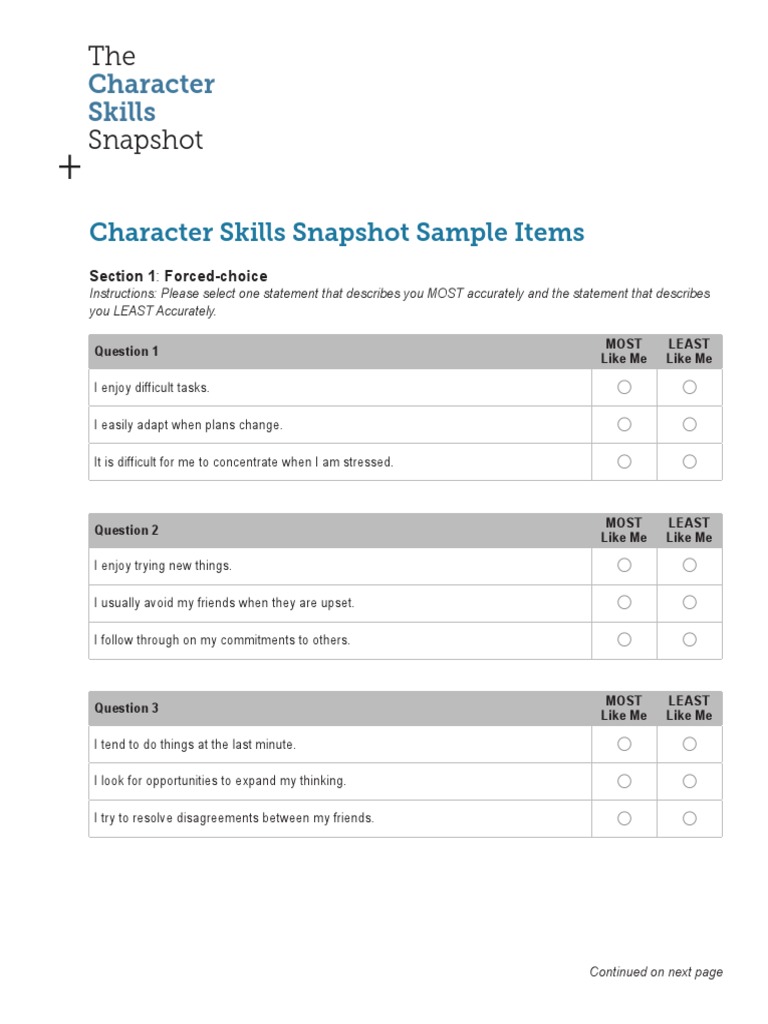 Character Skills Snapshot Sample Items | PDF | Cognition | Applied ...
