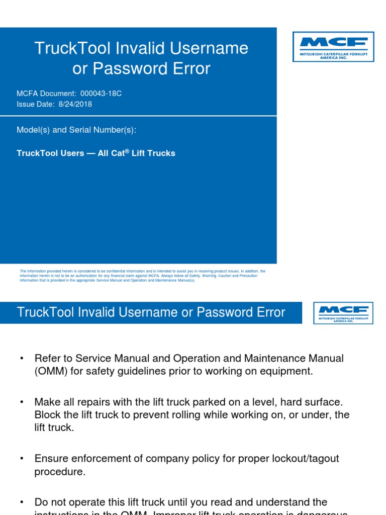 Trucktool Invalid Username or Password Error: Model (S) and Serial Number (S) | PDF