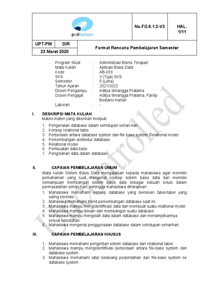 RPS Aplikasi Basis Data | PDF