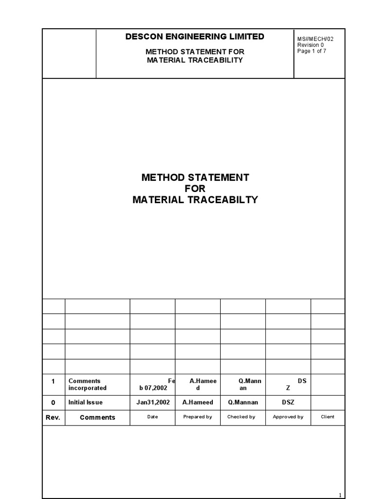 Method Statement FOR Material Traceabilty: Descon Engineering Limited ...