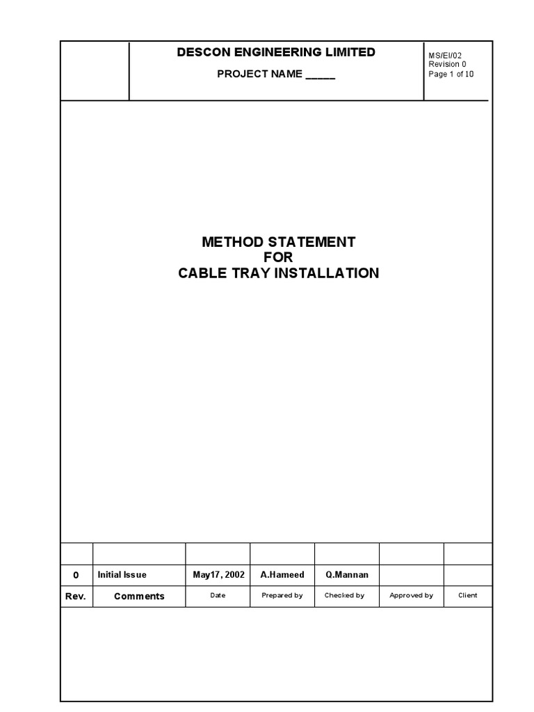 Cable Tray Installation Method Statement | PDF | Scaffolding | Switch