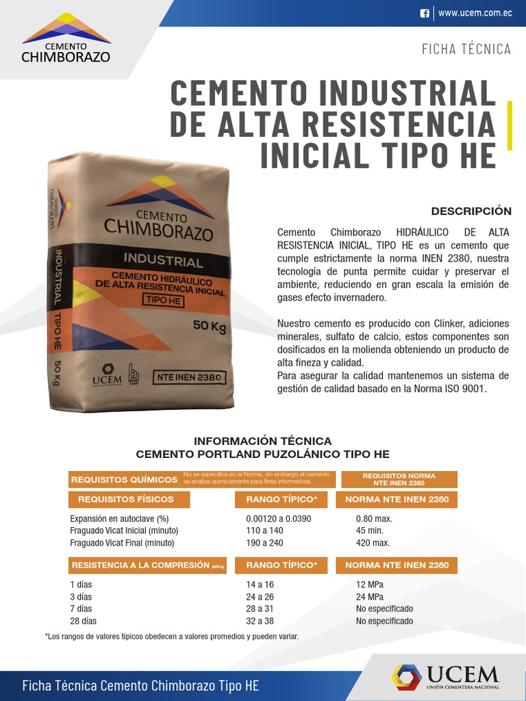 Ficha Tecnica Cemento Chimborazo He | PDF | Cemento | Hormigón