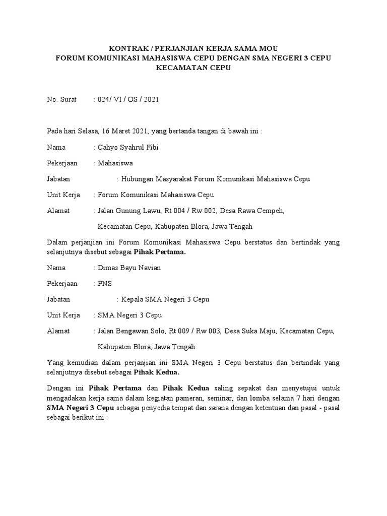 Contoh Mou Kontrak Kerjasama Dengan Lembaga Pdf
