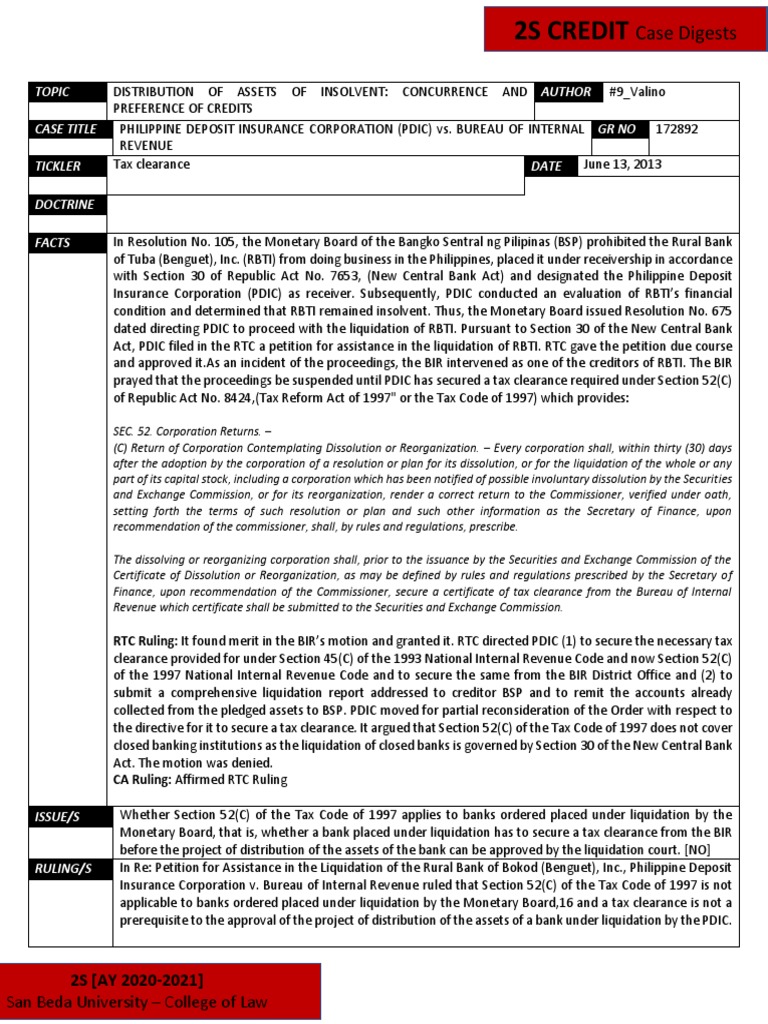 CREDIT - PHIL DEPOSIT - Vs BIR | PDF | Liquidation | Receivership