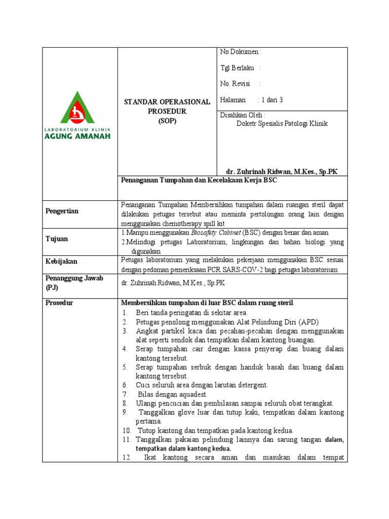 Sop Penanganan Tumpahan Dan Kecelakaan Kerja BSC | PDF