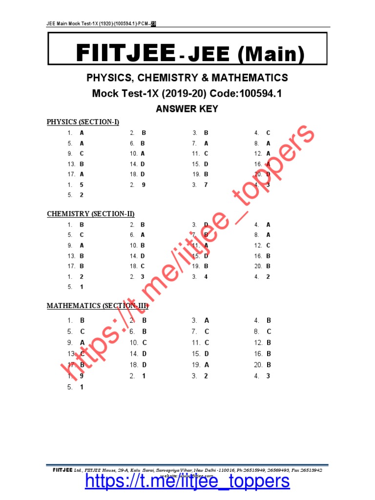 FIITJEE JEE MAIN (MOCK TEST) Answers | PDF | Science Education ...