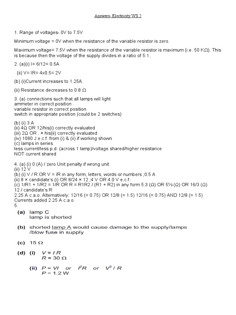 Answers-Electricity WS 2 | PDF