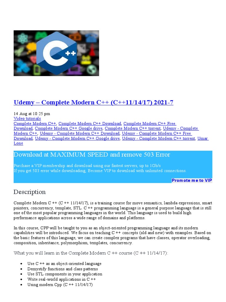 Udemy - Complete Modern C++ (C++11/14/17) 2021-7: Download at MAXIMUM ...