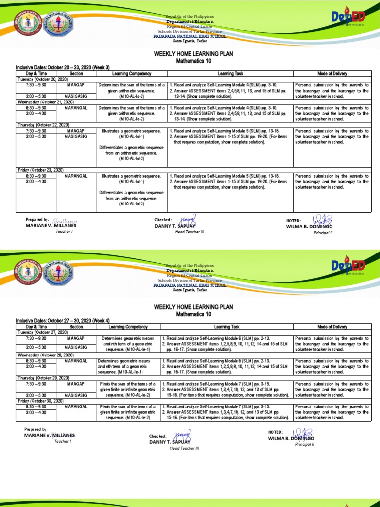 Weekly Home Learning Plan Mathematics 10: Inclusive Dates: October 20 ...