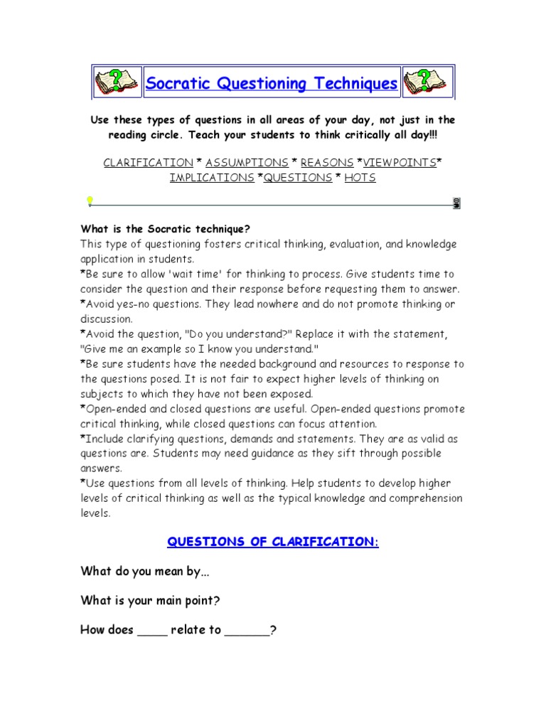 Socratic Questioning Techniques | PDF | Question | Critical Thinking Socratic Questioning Techniques | PDF | Question | Critical Thinking