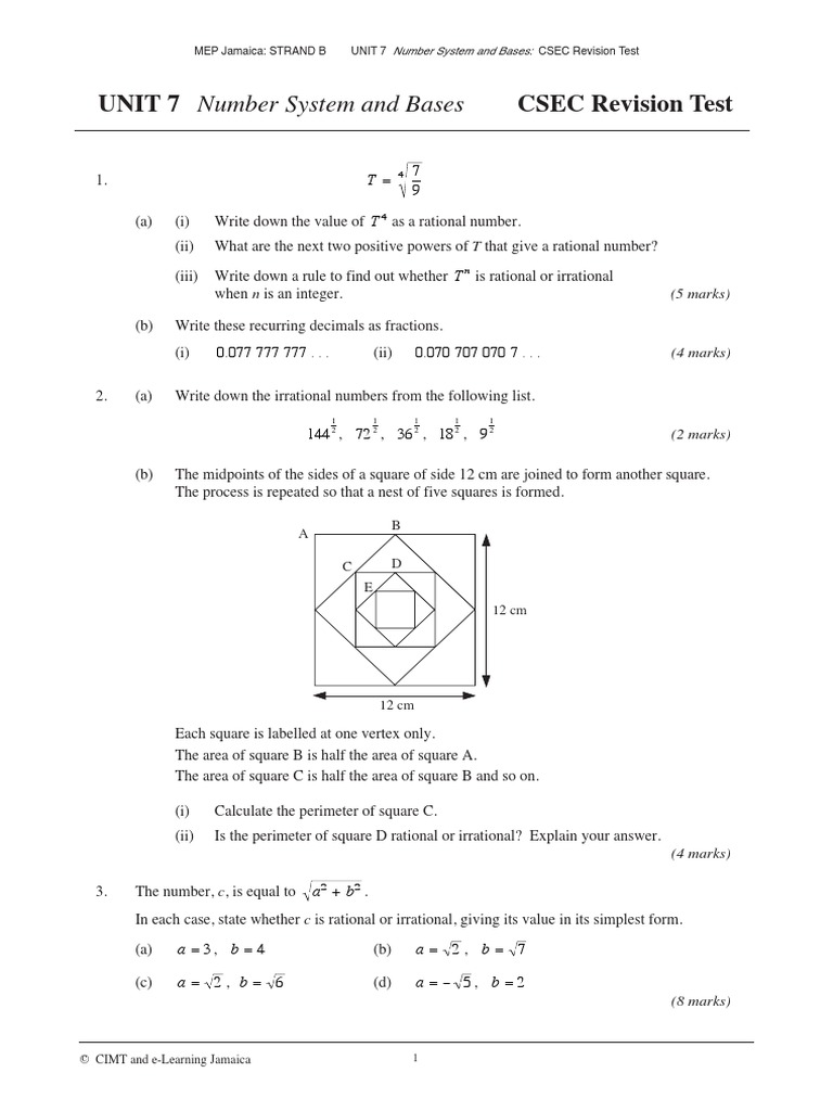UNIT 7 Number System and Bases CSEC Revision Test | PDF | Numbers ...